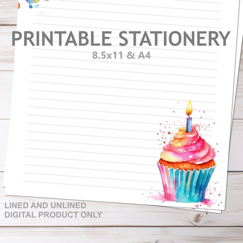 Birthday Cupcake Pink and Blue Printable Stationery Set Lined and ...