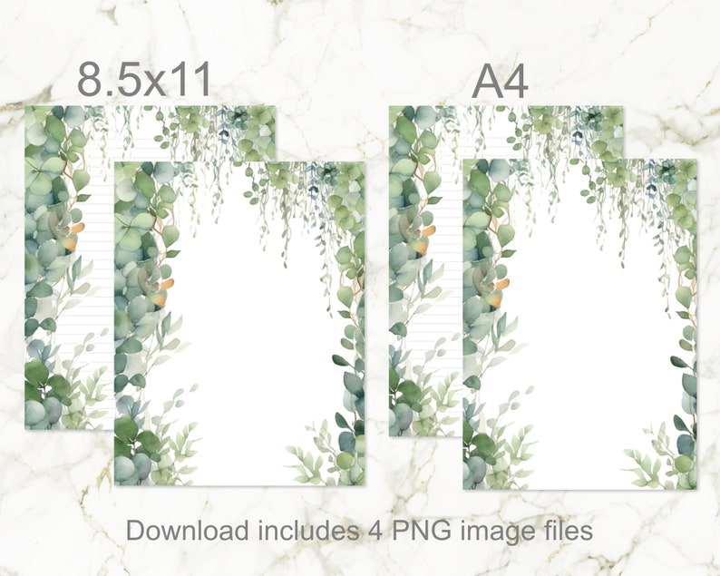 Eucalyptus Leaves and Vines Printable Stationery Set Lined and Unlined ...