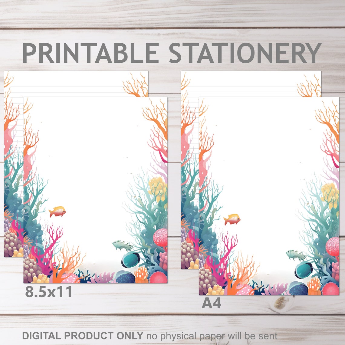 Coral Reef Printable JW Stationery Lined and Unlined in A4 and 8.5x11 ...