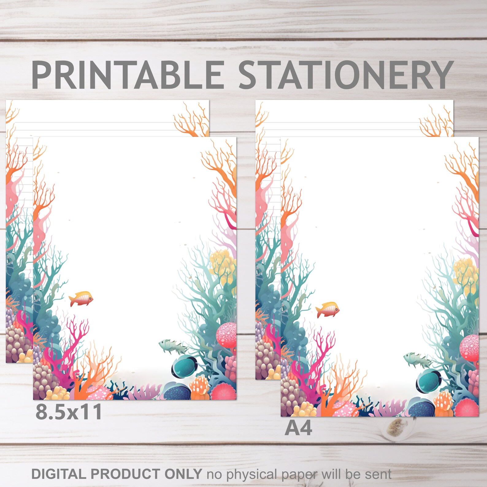 Coral Reef Printable JW Stationery Lined and Unlined in A4 and 8.5x11 ...