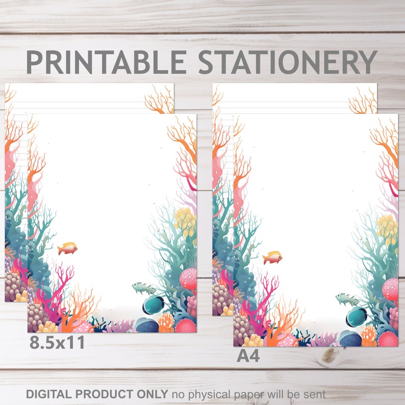 Coral Reef Printable JW Stationery Lined and Unlined in A4 and 8.5x11 ...