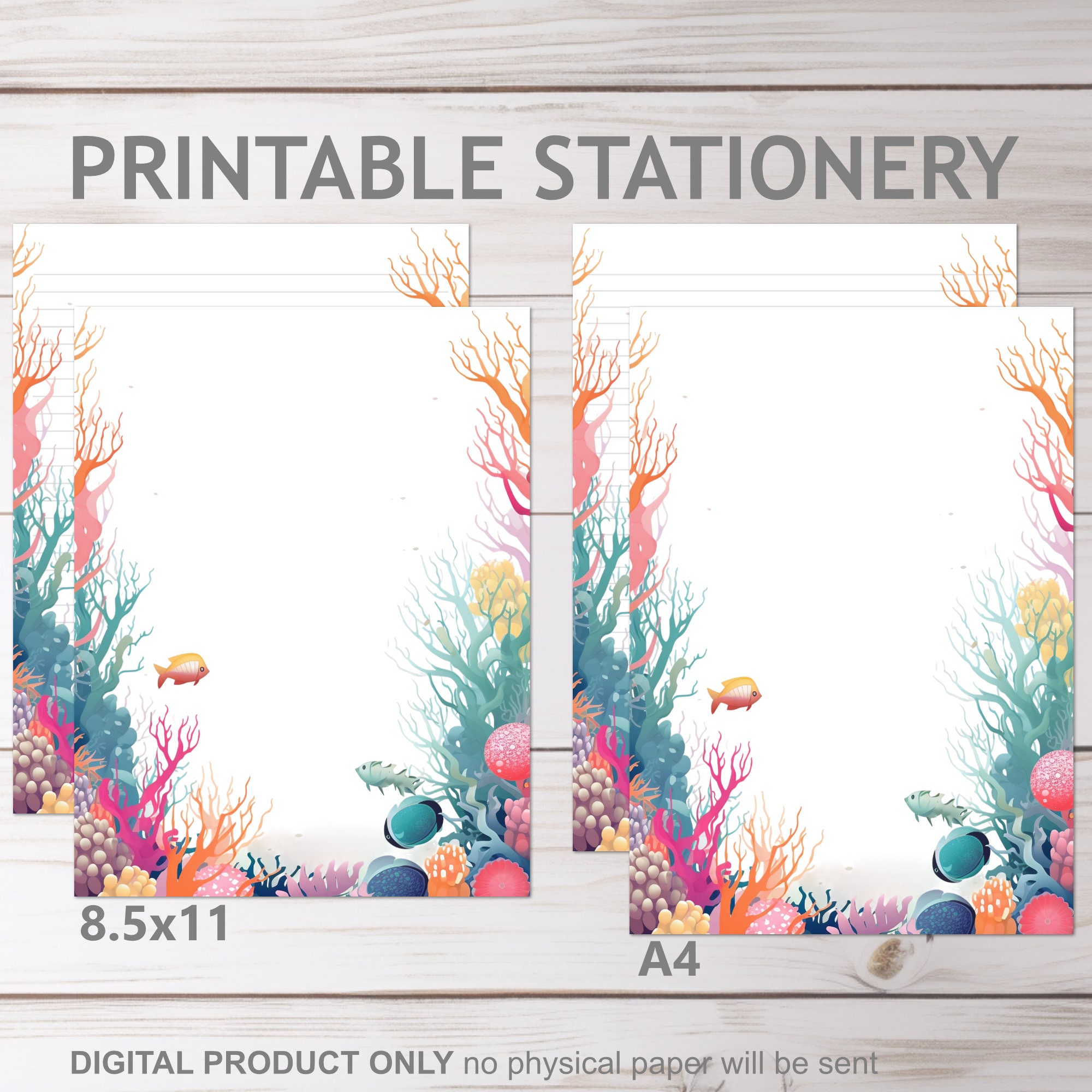 Coral Reef Printable JW Stationery Lined and Unlined in A4 and 8.5x11 ...