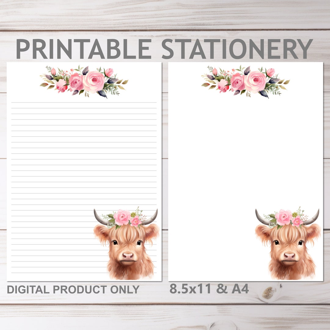 Floral Baby Highland Cow Printable Stationery Lined and Unlined A4 and ...