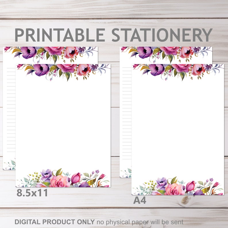 Roses and Flowers Printable Stationery Lined and Unlined in A4 and 8 ...