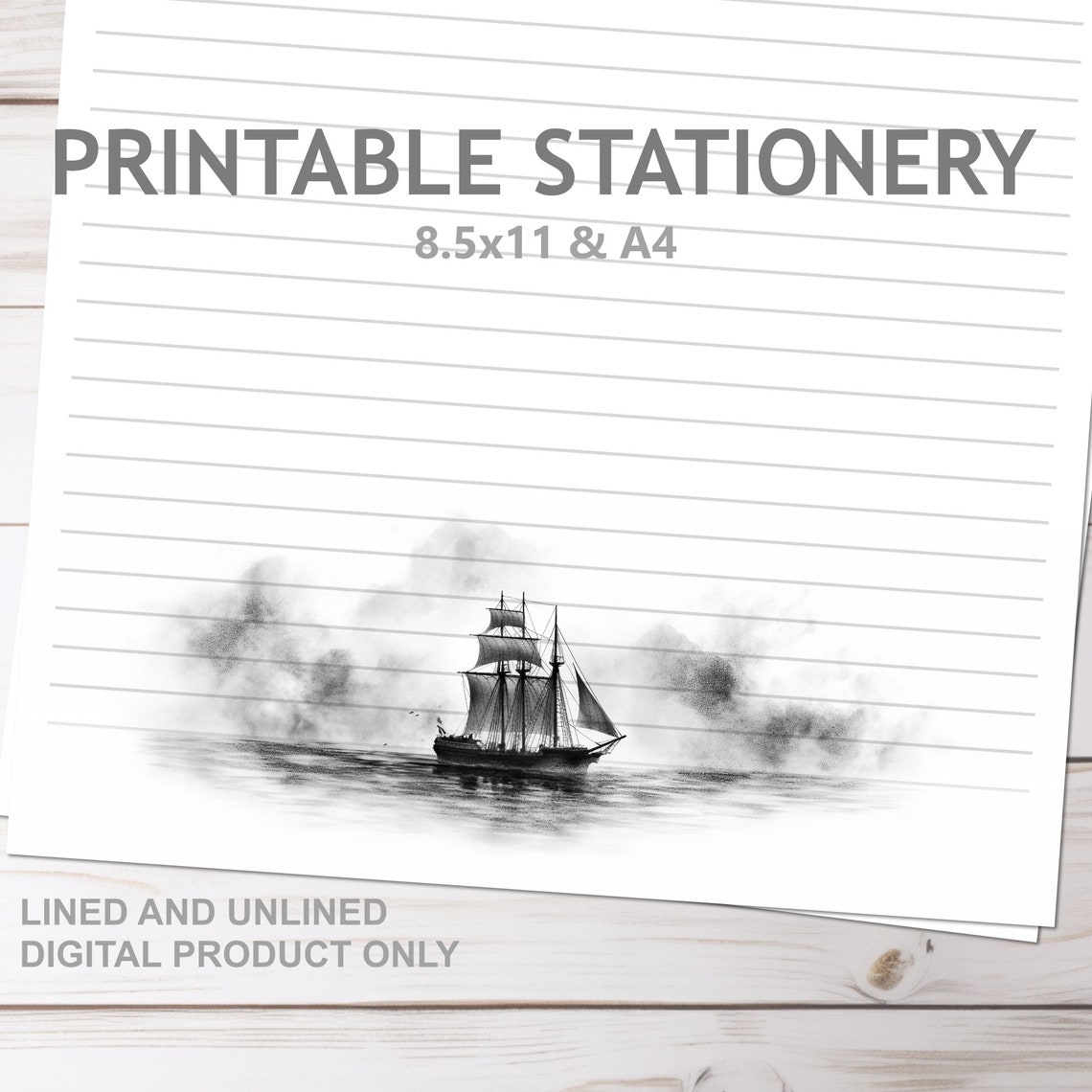Ink Saver Beach Sailboat Grayscale Printable Stationery in A4 and 8 ...