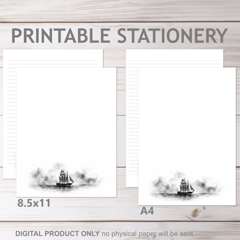 Ink Saver Beach Sailboat Grayscale Printable Stationery in A4 and 8 ...