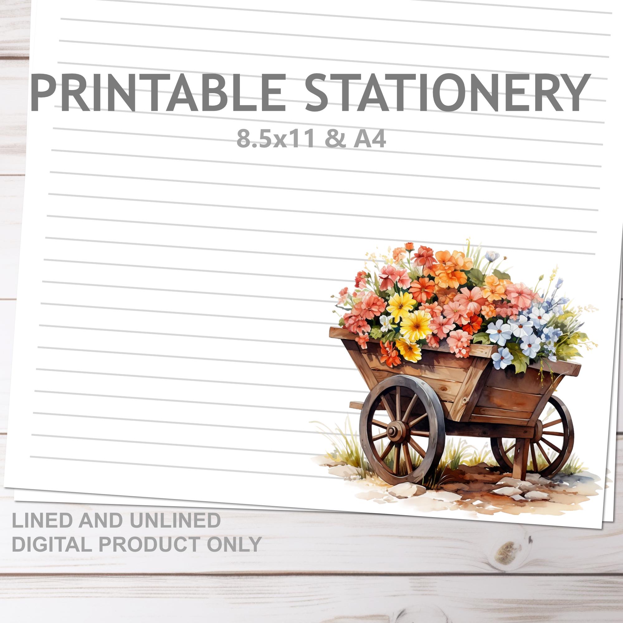 Beautiful Wheelbarrow Flowers Printable Stationery Lined and Unlined A4 ...