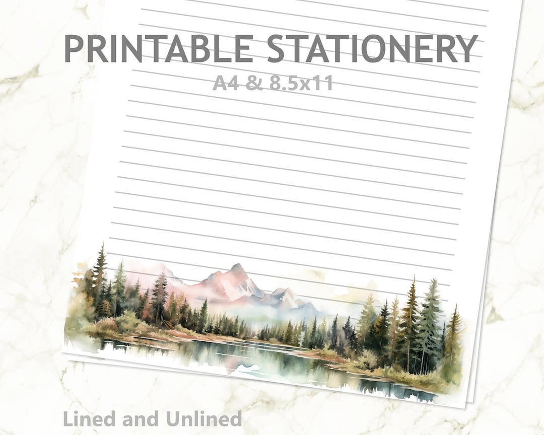 Mountain Range and Lake Printable Stationery Lined and Unlined in A4 ...