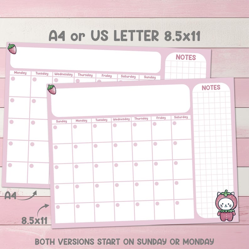 Strawberry Cat Printable Calendar - A4 or 8.5x11 US Letter Size - Hand ...