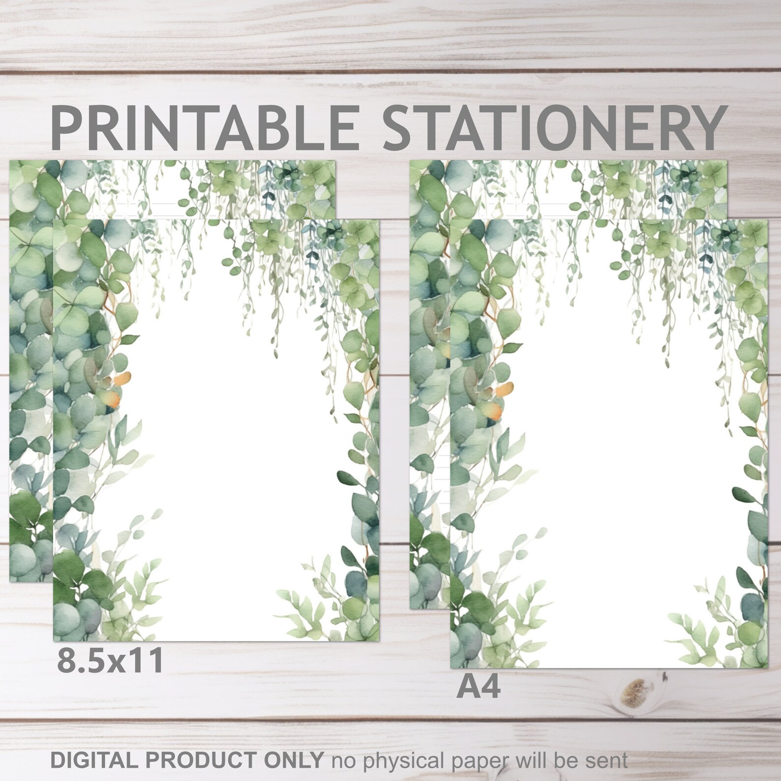 Eucalyptus Leaves and Vines Printable Stationery Set Lined and Unlined ...