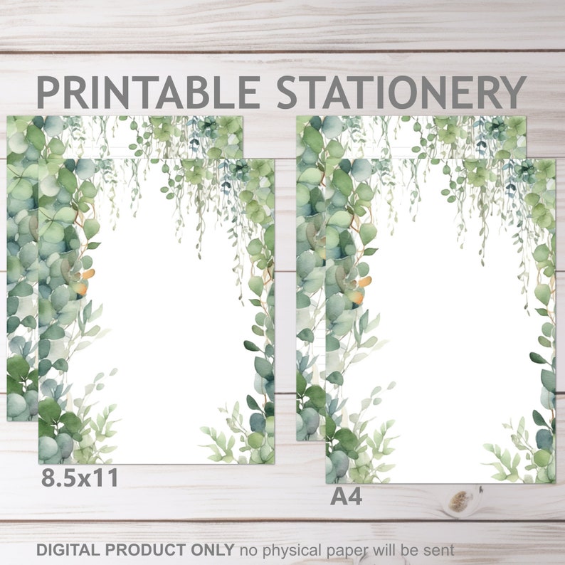 Eucalyptus Leaves and Vines Printable Stationery Set Lined and Unlined ...