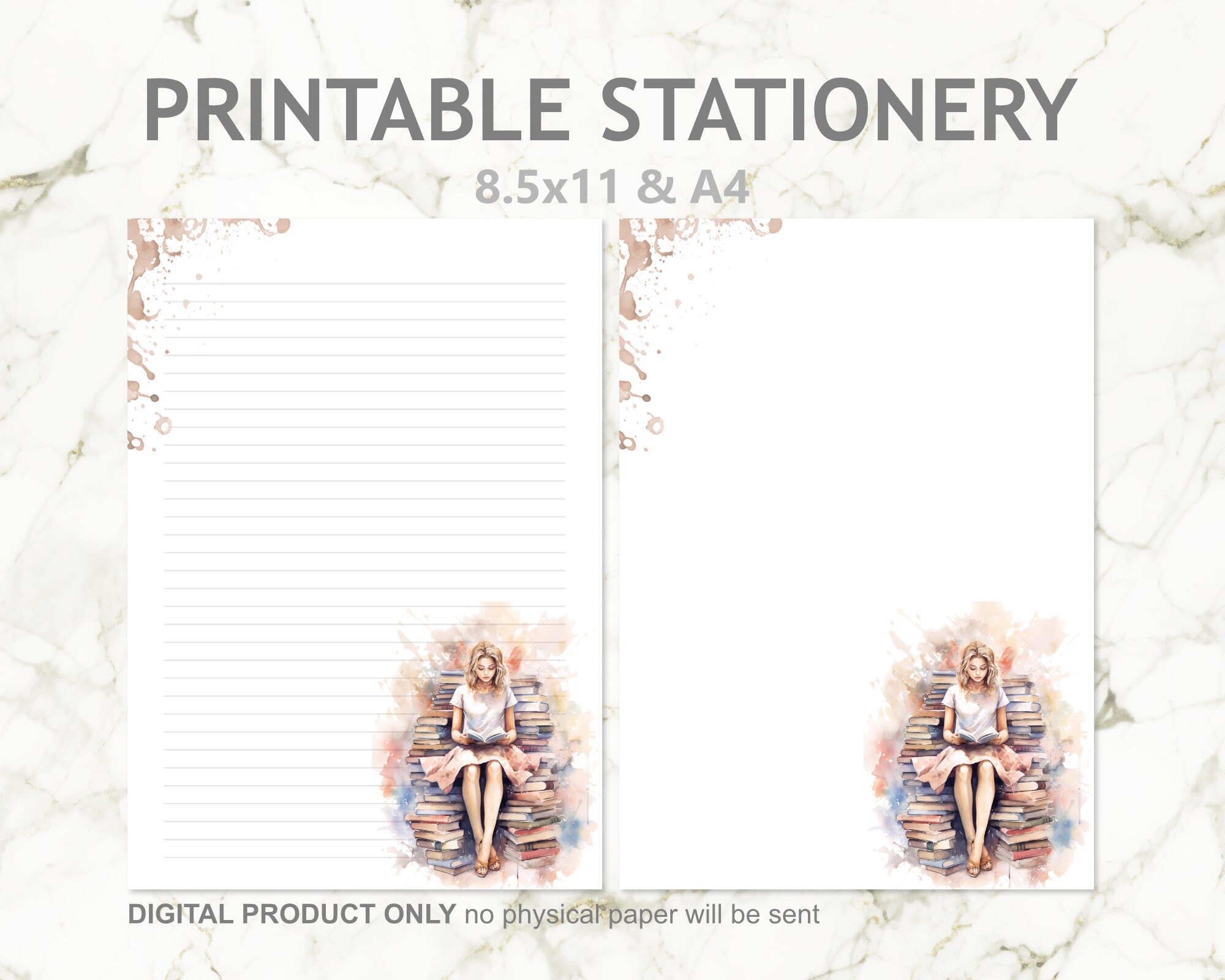 Girl Reading on Stack of Books Printable Stationery Set Lined and ...