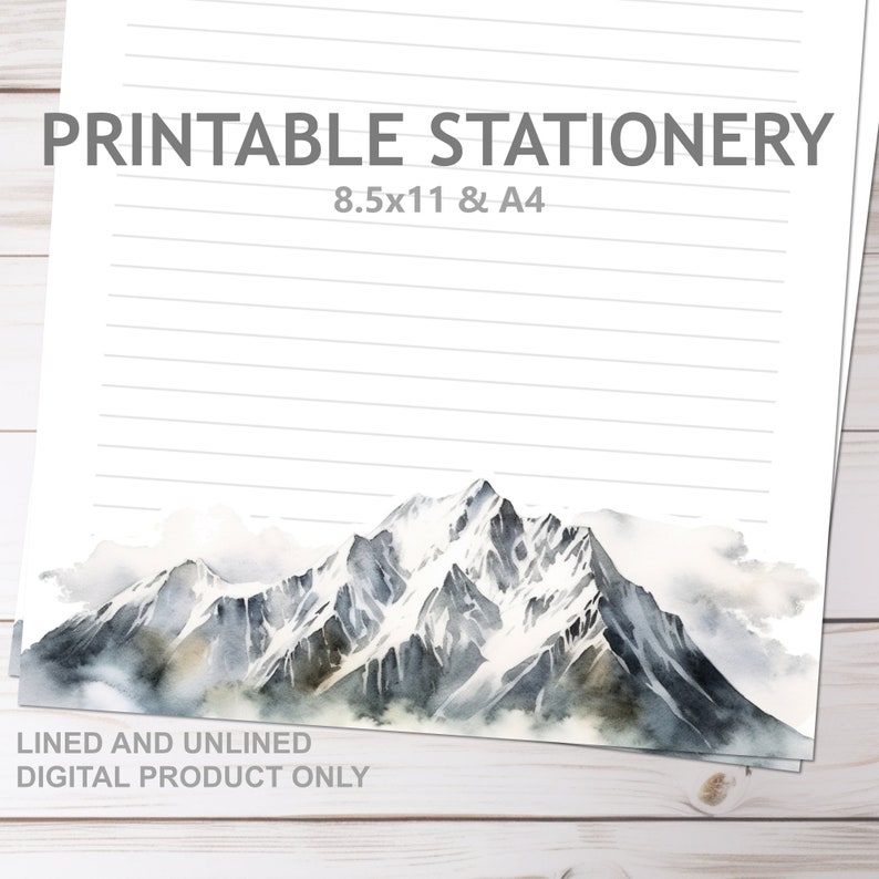 Watercolor Mountain Range Printable Stationery Lined and Unlined in A4 ...