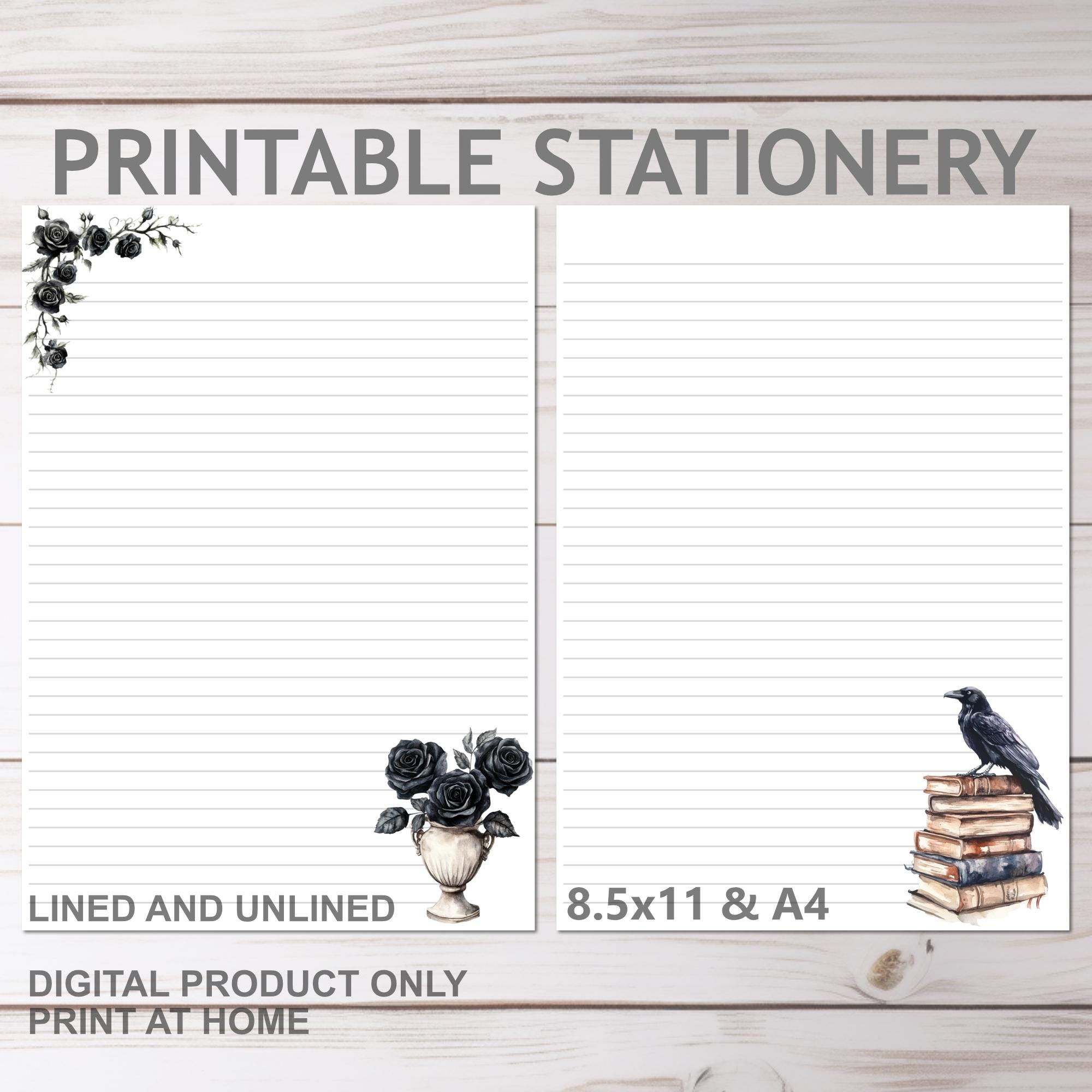 Gothic Roses and Raven Printable Stationery A4 8.5x11 US Letter Size ...