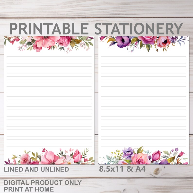 Roses and Flowers Printable Stationery Lined and Unlined in A4 and 8 ...
