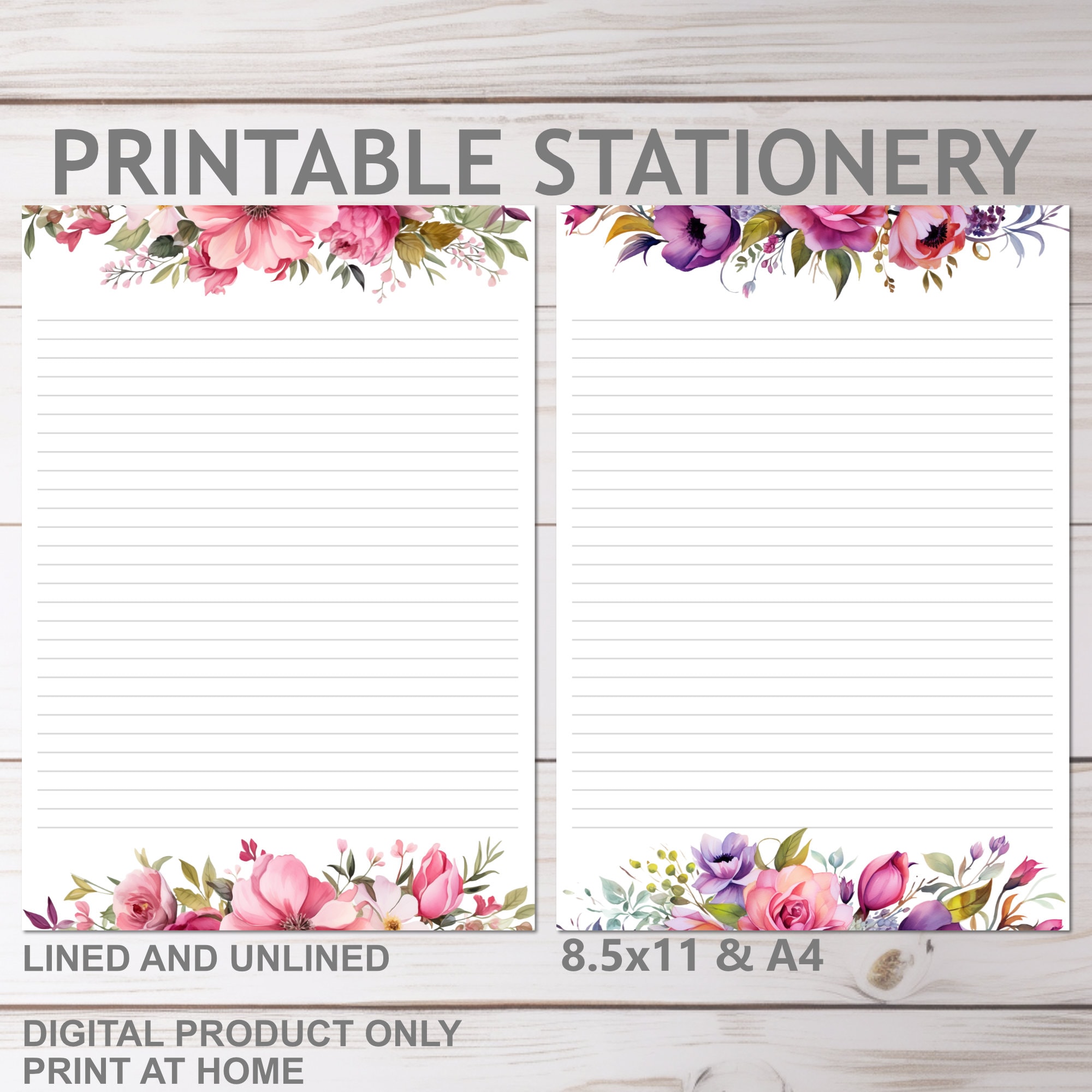 Roses and Flowers Printable Stationery Lined and Unlined in A4 and 8 ...