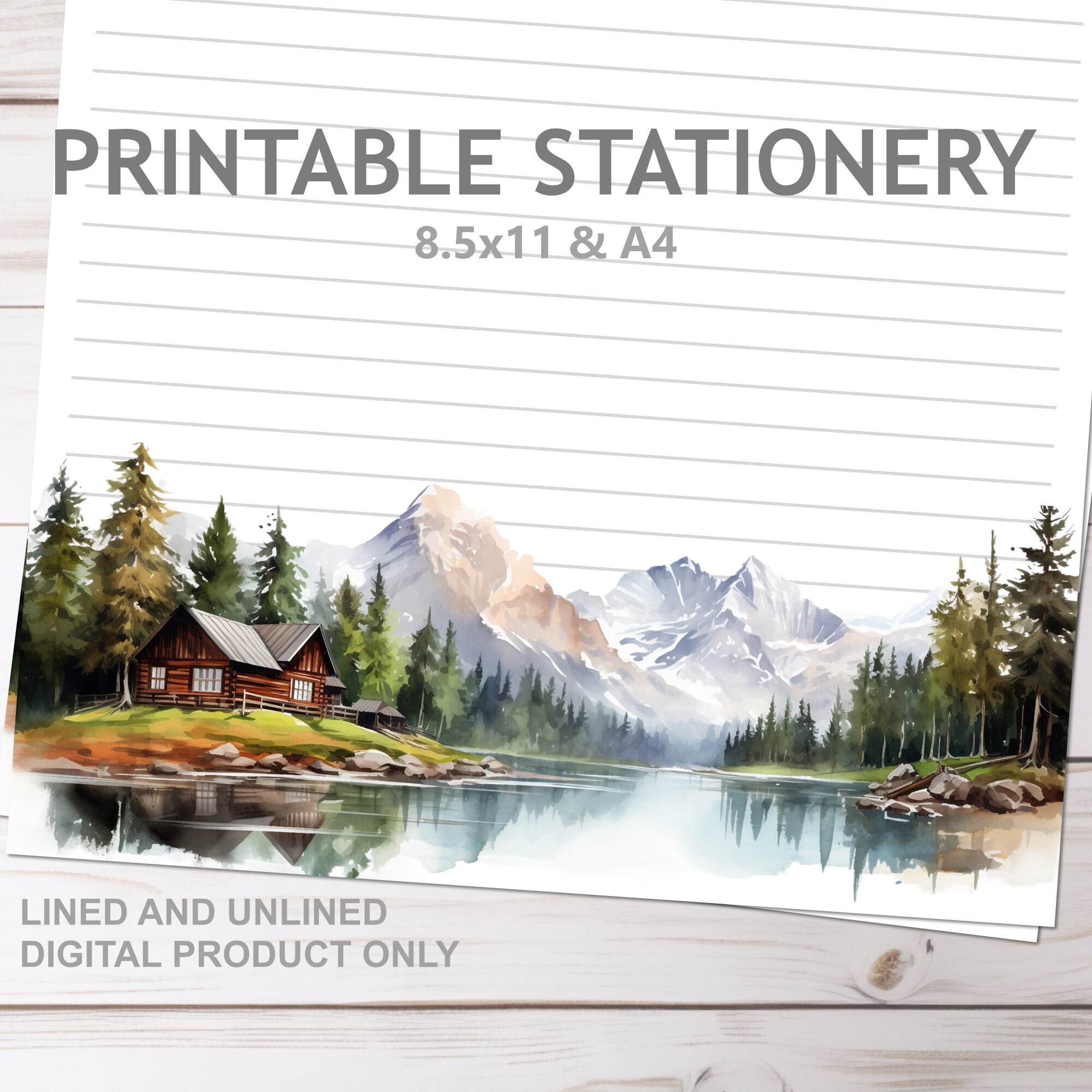 Mountain Log Cabin Printable Stationery Paper Lined and Without Lines ...
