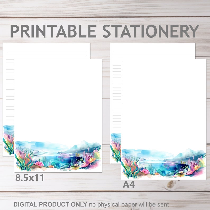 Underwater Ocean Coral Reef Printable Stationery Lined and Unlined in ...