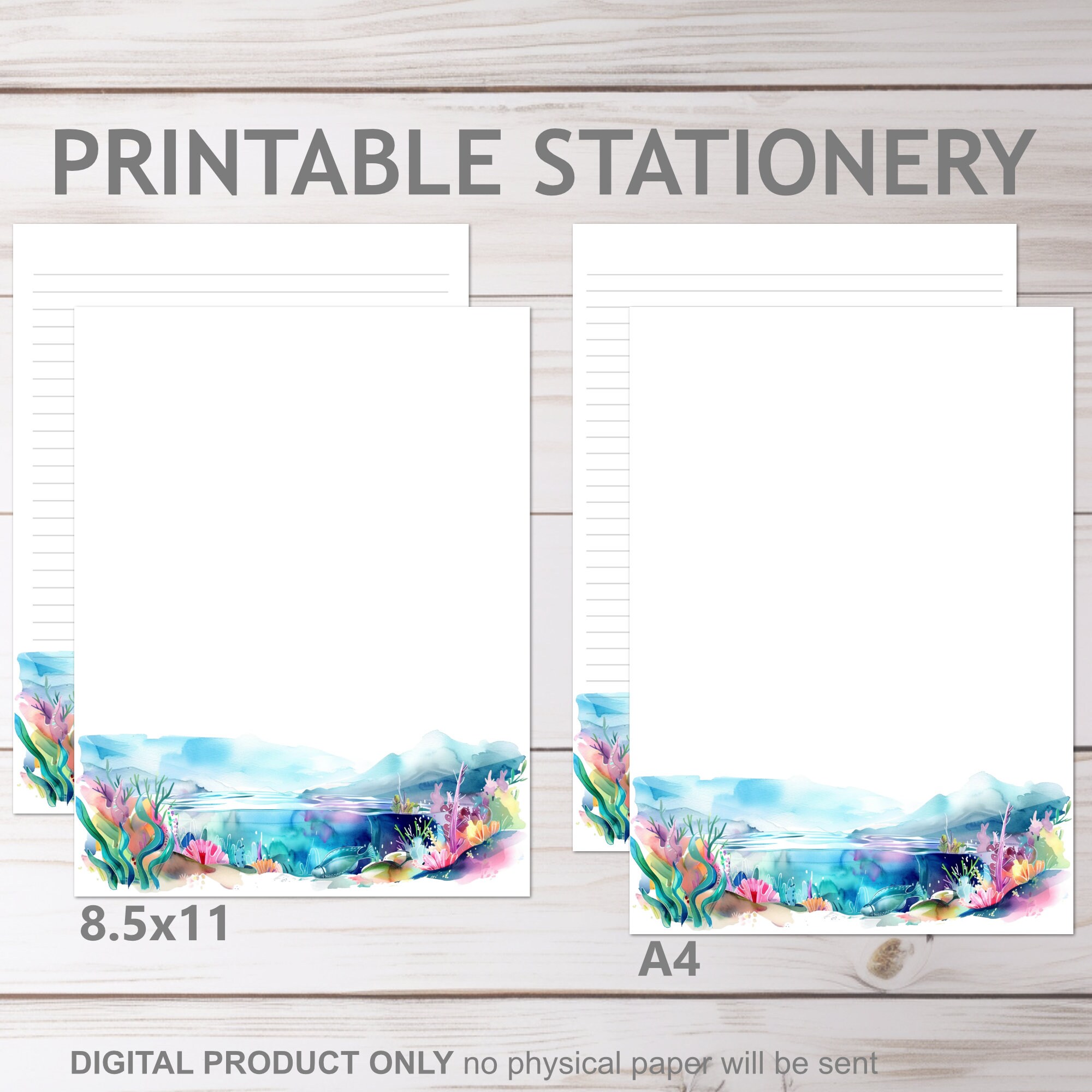 Underwater Ocean Coral Reef Printable Stationery Lined and Unlined in ...
