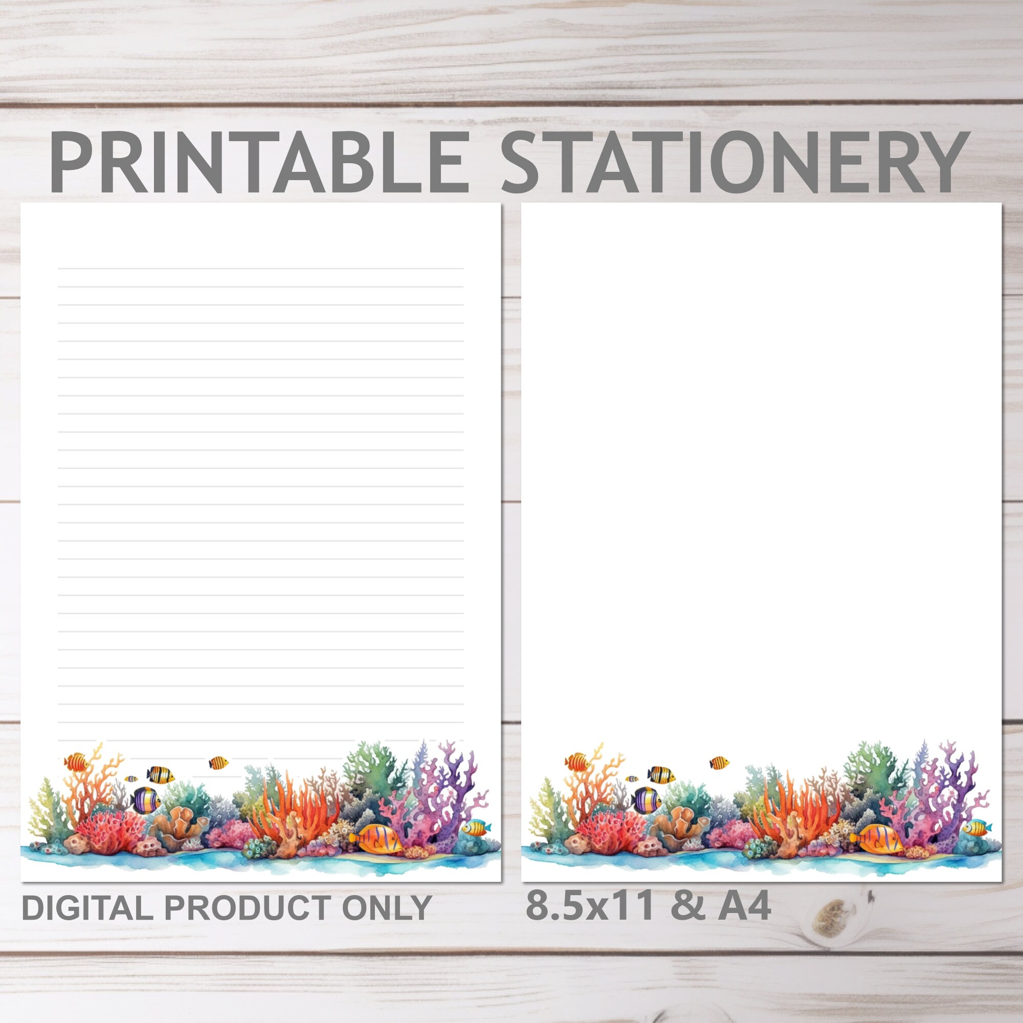 Coral Reef Tropical Fish Printable Stationery Set Lined and Unlined in ...