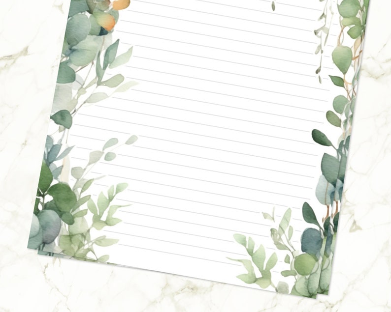 Eucalyptus Leaves and Vines Printable Stationery Set Lined and Unlined ...