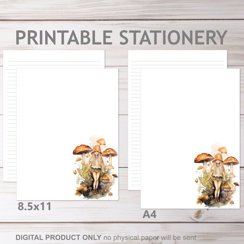 Mushroom Girl Cottagecore Printable Stationery Lined and Unlined in A4 ...