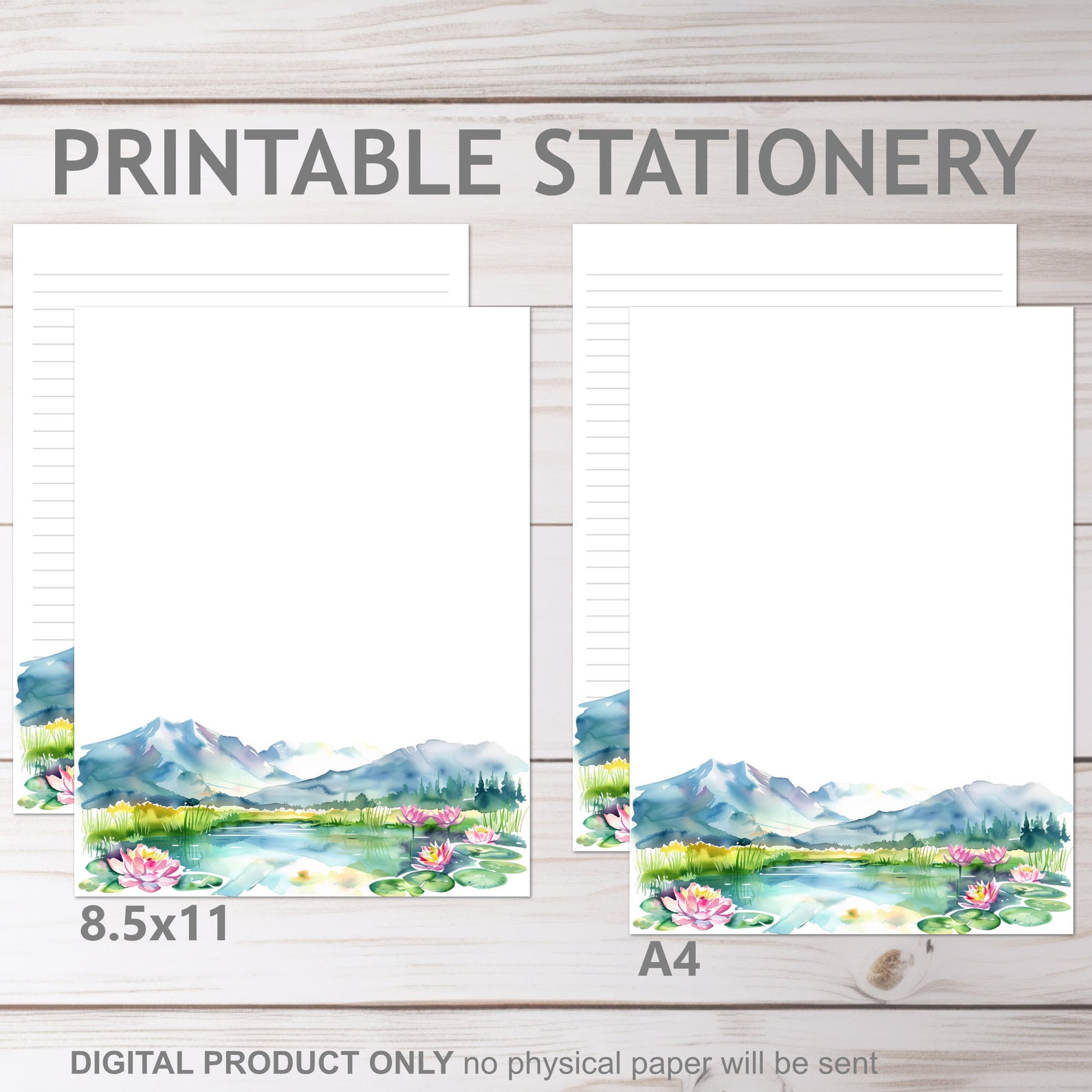 Lily Pad Lotus Flower Mountains Printable Stationery in A4 and 8.5x11 ...