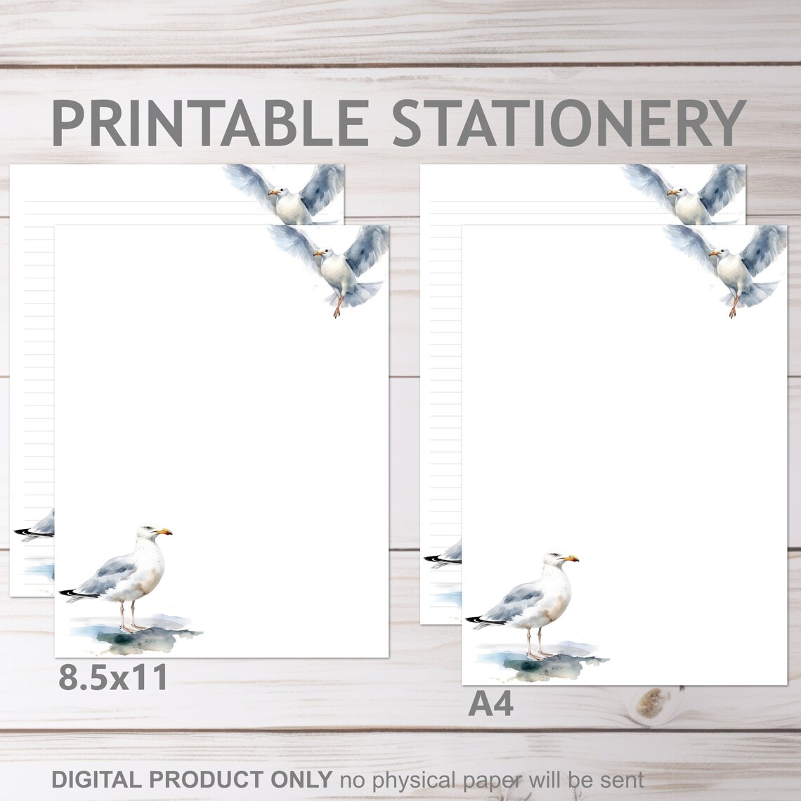 Seagull Beach Ocean Printable Stationery Lined and Unlined in A4 and 8 ...
