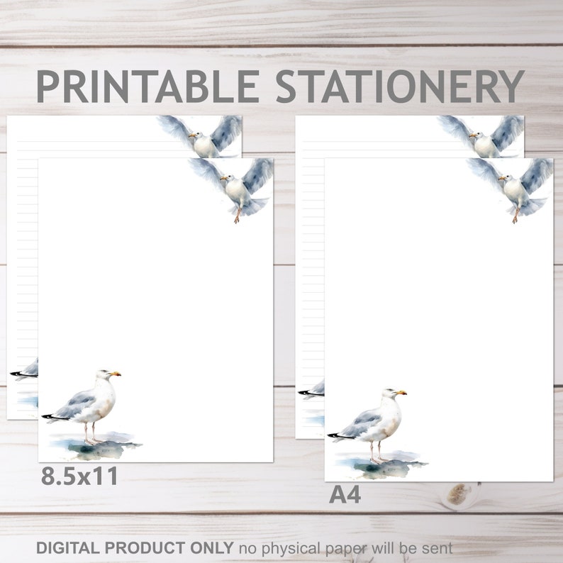 Seagull Beach Ocean Printable Stationery Lined and Unlined in A4 and 8 ...