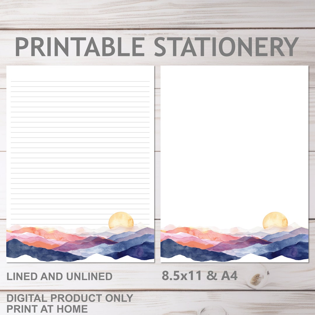 Desert Sunset Mountain Printable Stationery in A4 and 8.5x11 US Letter ...
