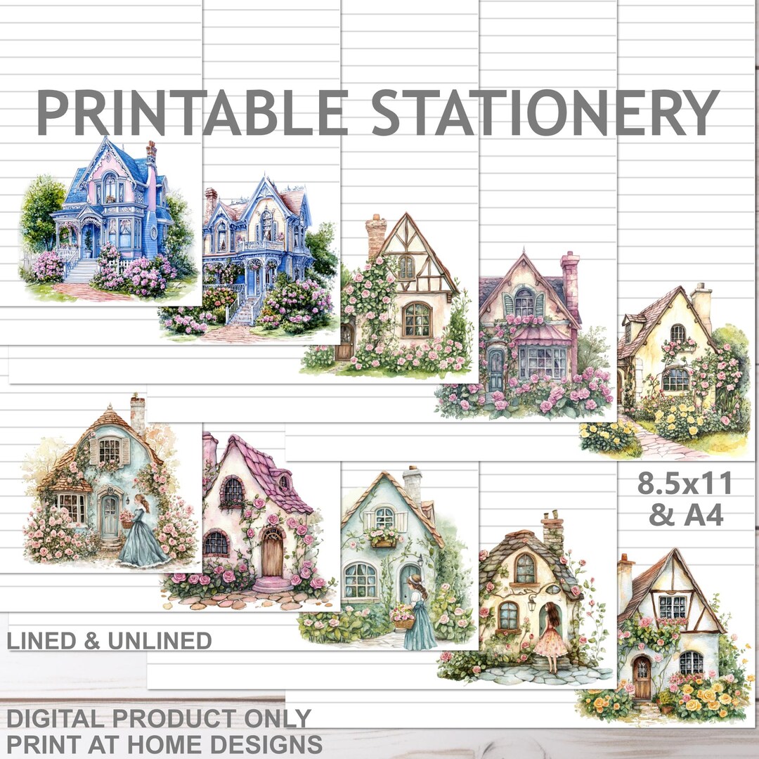 Spring Victorian Houses Printable Stationery A4 8.5x11 US Letter Size ...