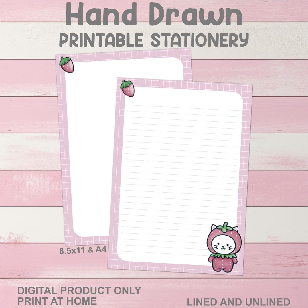 Strawberry Cat Printable Stationery A4 8.5x11 US Letter Size - Kawaii ...