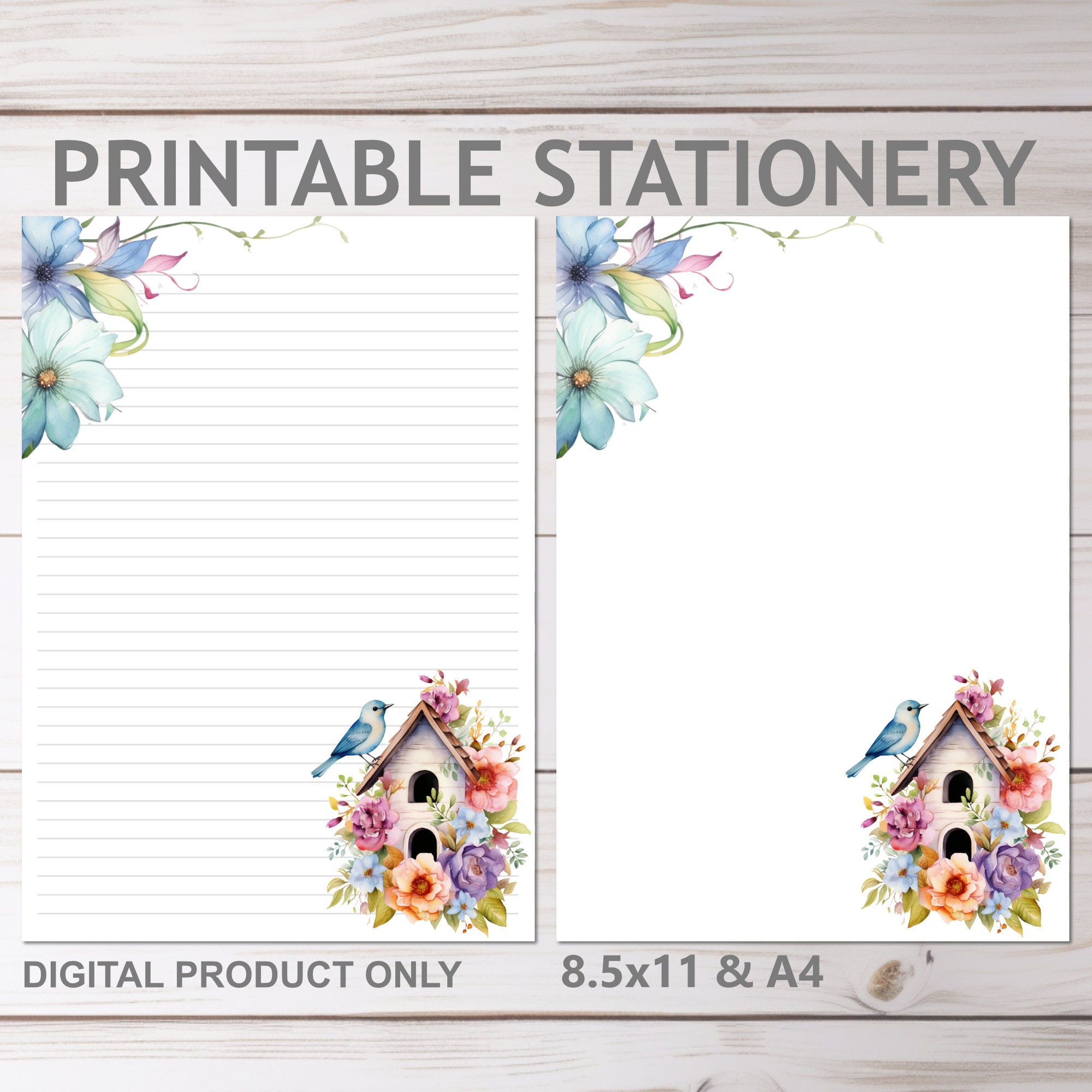 Floral Birdhouse Printable Stationery Lined and Unlined in A4 and 8 ...