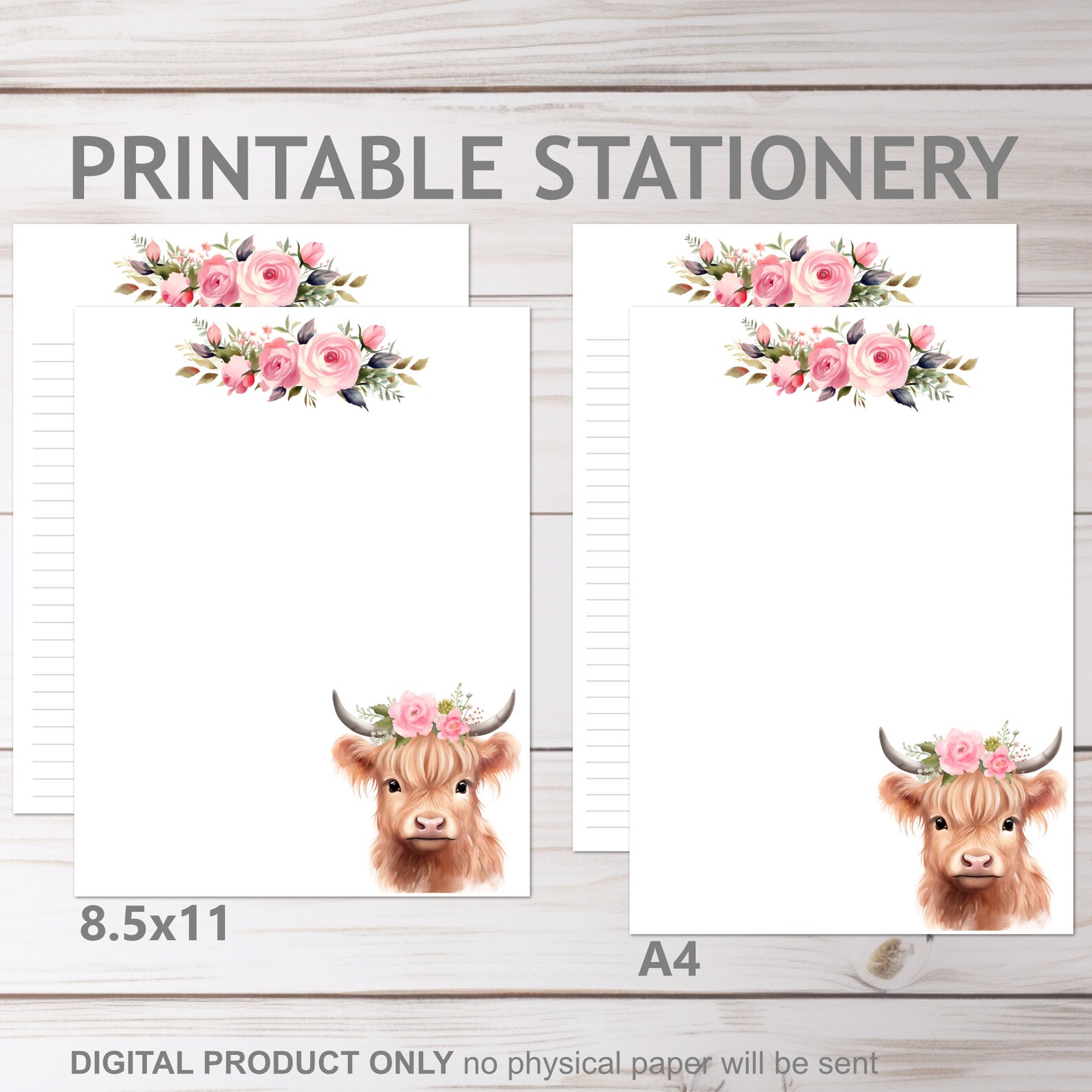 Floral Baby Highland Cow Printable Stationery Lined and Unlined A4 and ...