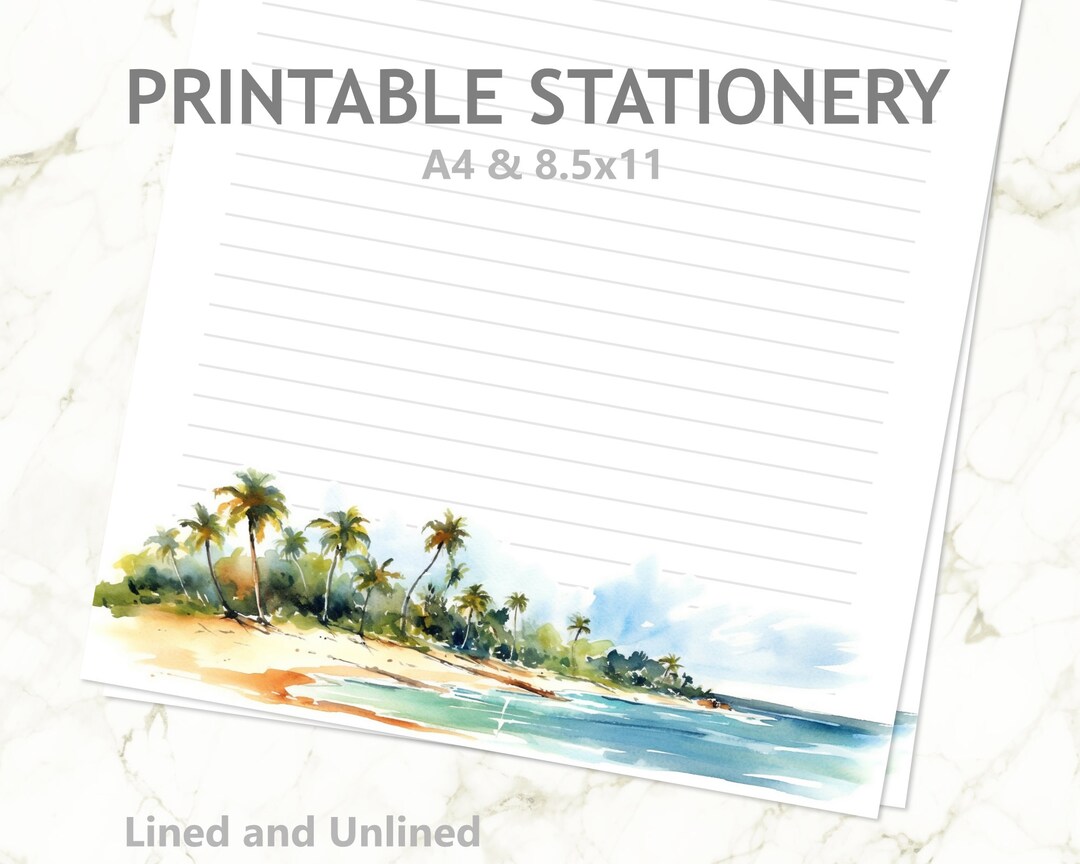 Tropical Island Beach Printable Stationery Lined and Unlined in A4 and ...