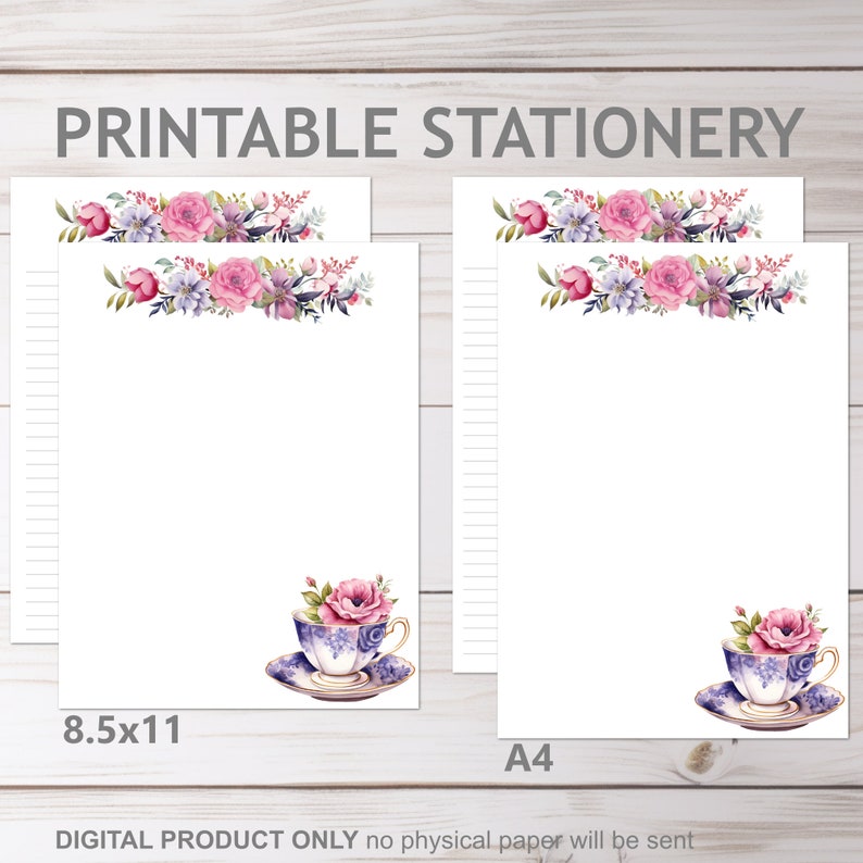 Flower Teacup Mother's Day Printable Stationery Lined and Unlined in A4 ...