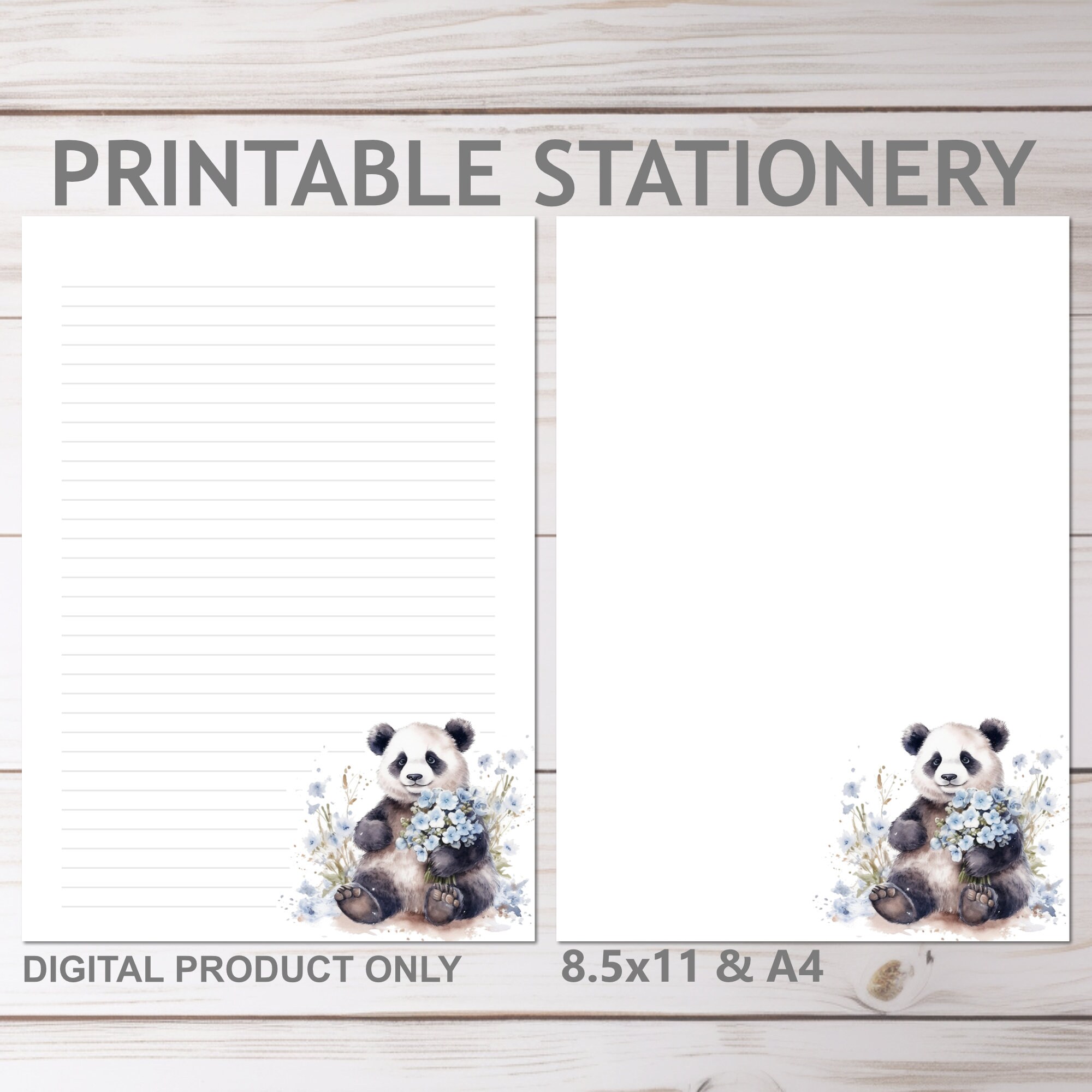 Panda With Flowers and Bamboo Printable Stationery Set Lined and ...