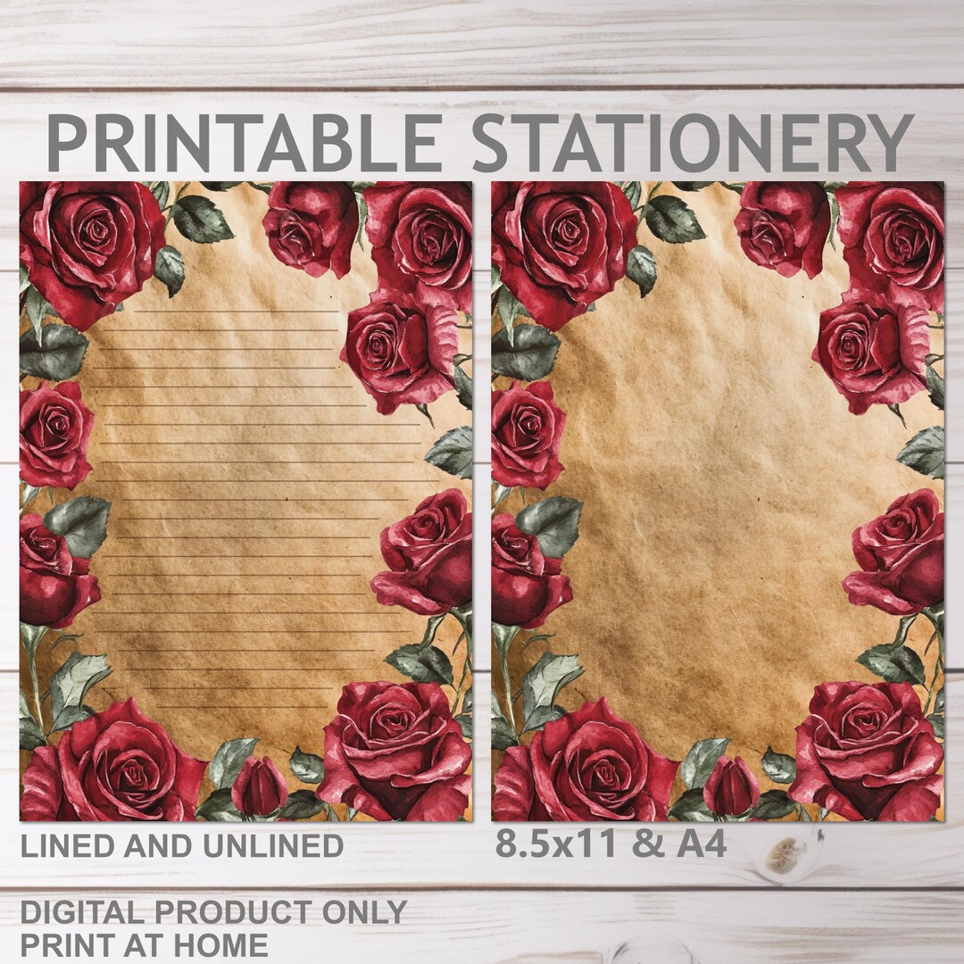 Vintage Red Roses Printable Stationery Lined in A4 and 8.5x11 US Letter ...