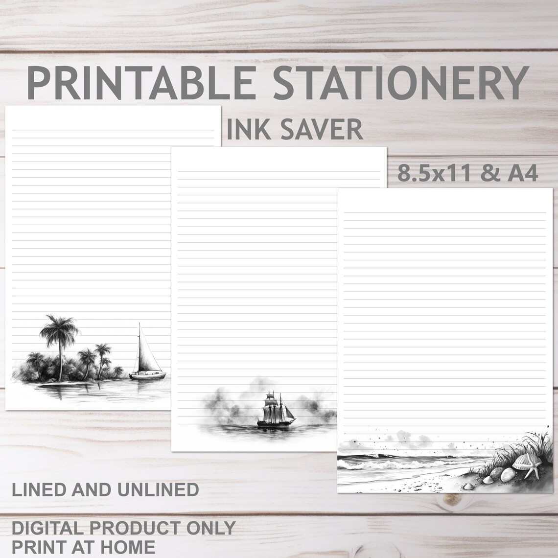 Ink Saver Beach Sailboat Grayscale Printable Stationery in A4 and 8 ...