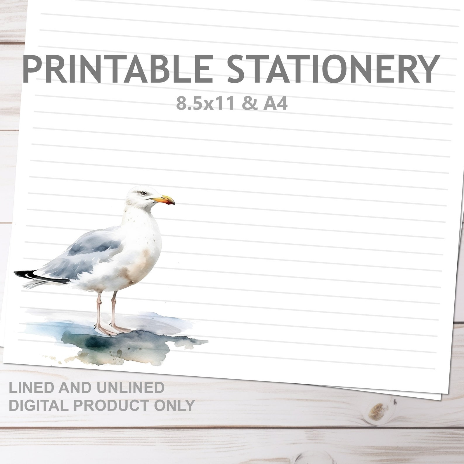 Seagull Beach Ocean Printable Stationery Lined and Unlined in A4 and 8 ...