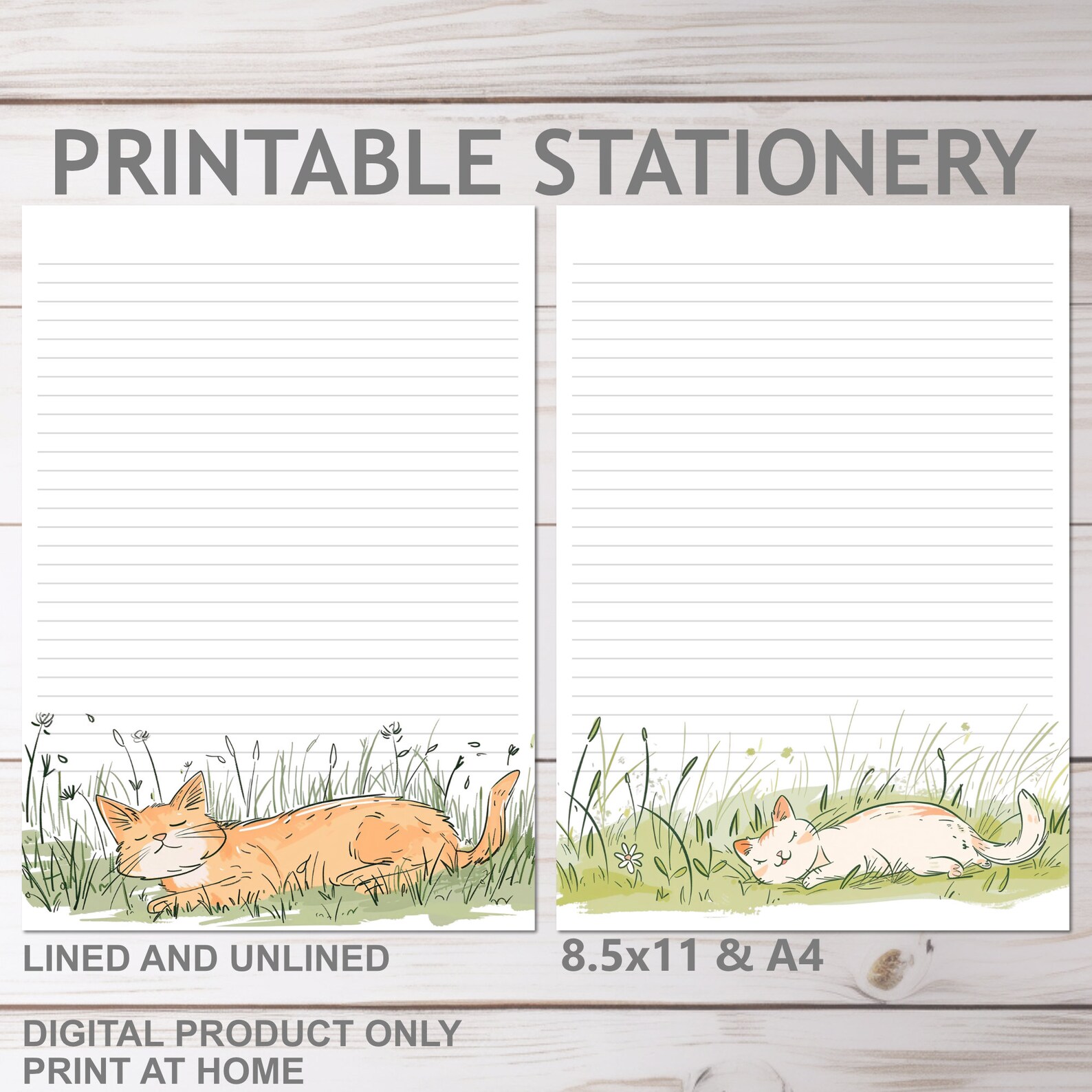 Cute Cats in Grass Printable Stationery in A4 and 8.5x11 US Letter Size ...