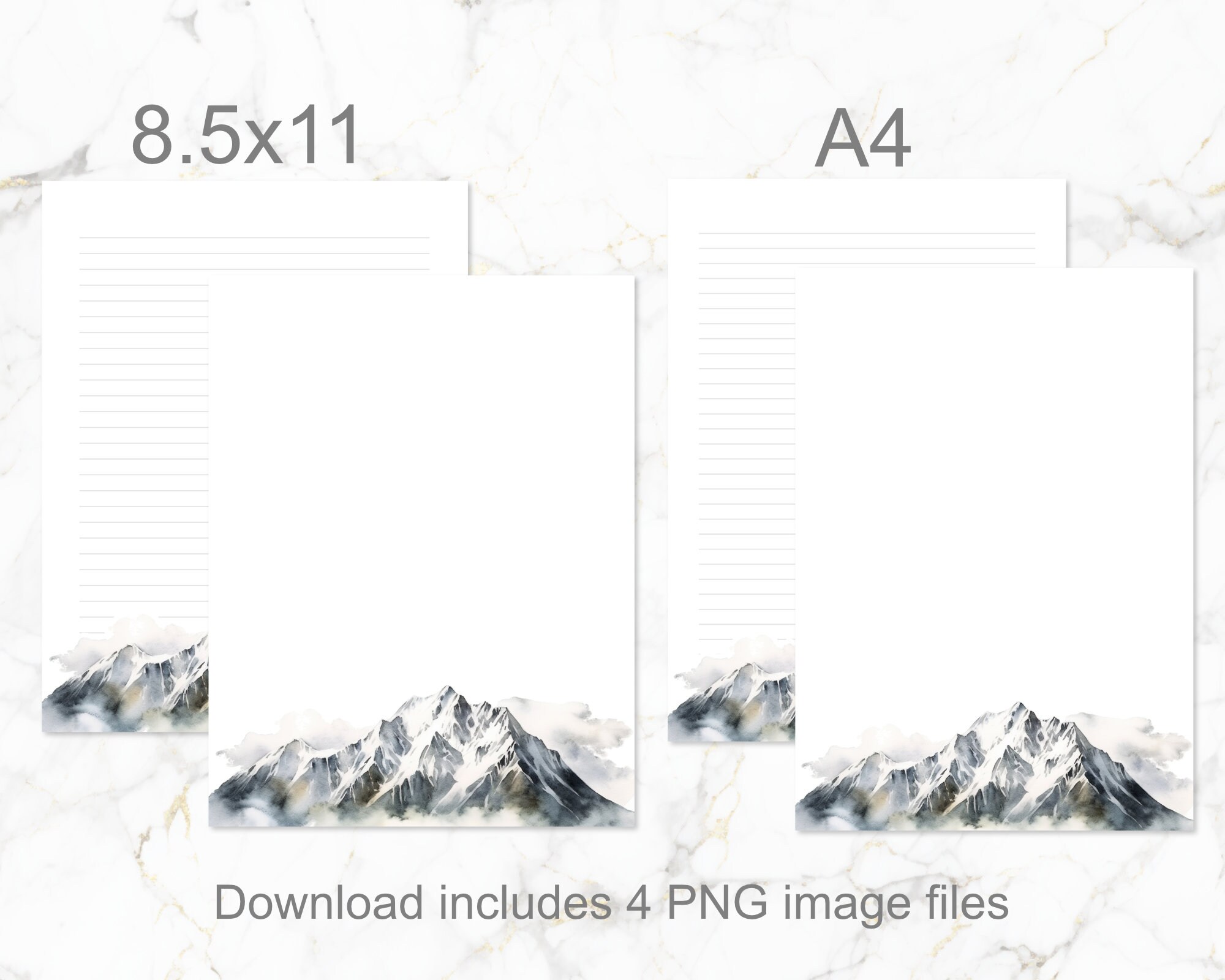 Watercolor Mountain Range Printable Stationery Lined and Unlined in A4 ...