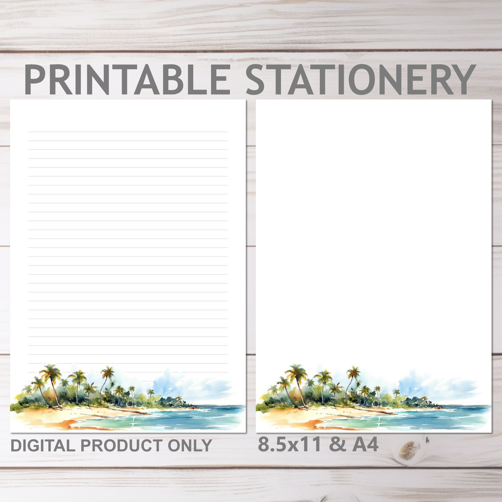 Tropical Island Beach Printable Stationery Lined and Unlined in A4 and ...