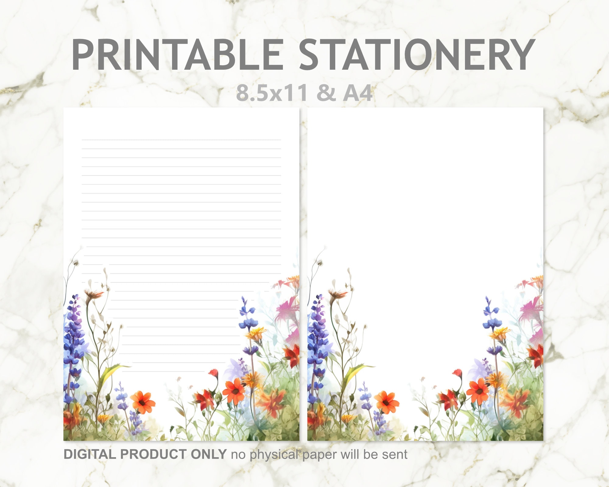 Wildflower Printable Stationery Lined and Unlined in A4 and 8.5x11 US ...
