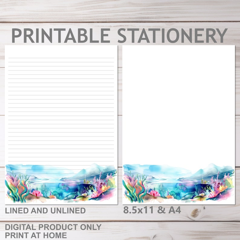 Underwater Ocean Coral Reef Printable Stationery Lined and Unlined in ...