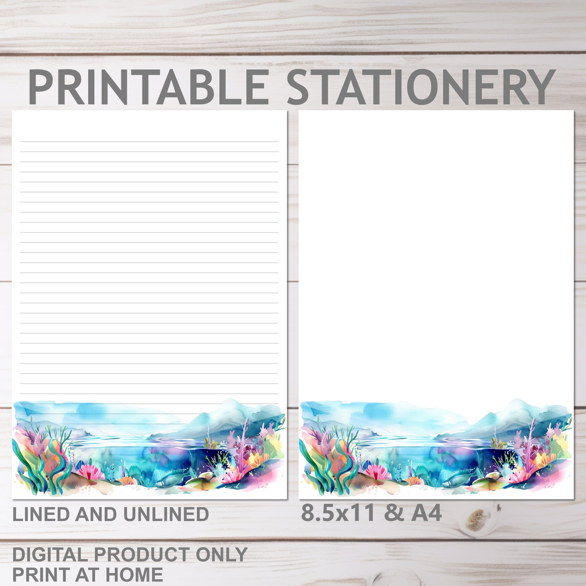 Underwater Ocean Coral Reef Printable Stationery Lined and Unlined in ...