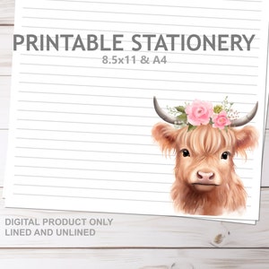 Floral Baby Highland Cow Printable Stationery Lined and Unlined A4 and ...
