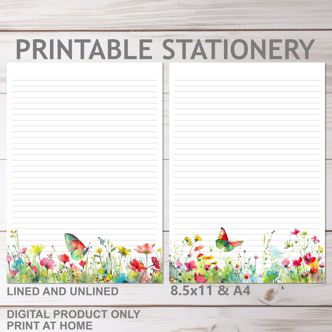 Butterfly Flowers Spring Wildflowers Printable Stationery Lined No ...