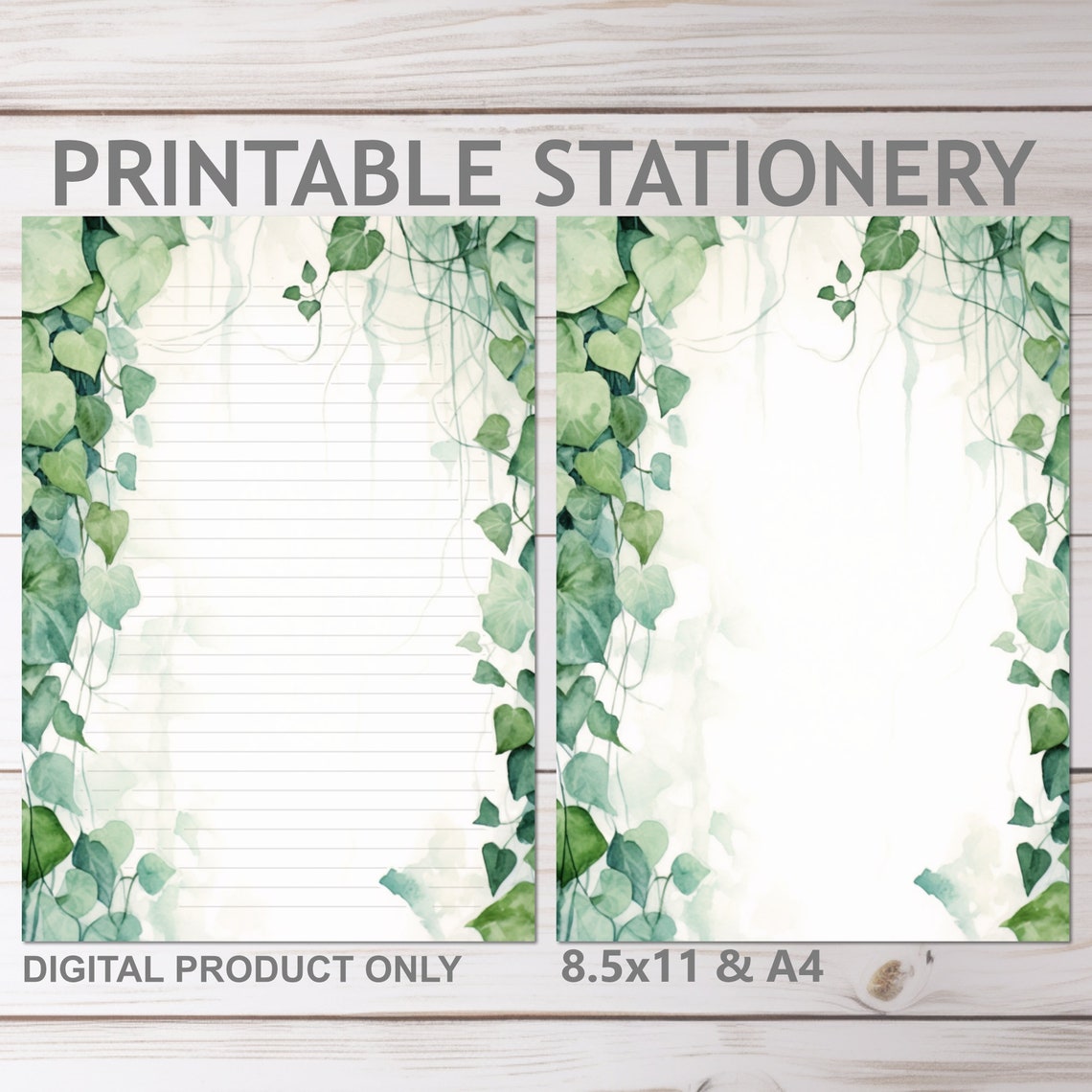 Ivy Leaves and Vines Nature Printable Stationery Set Lined and Unlined ...