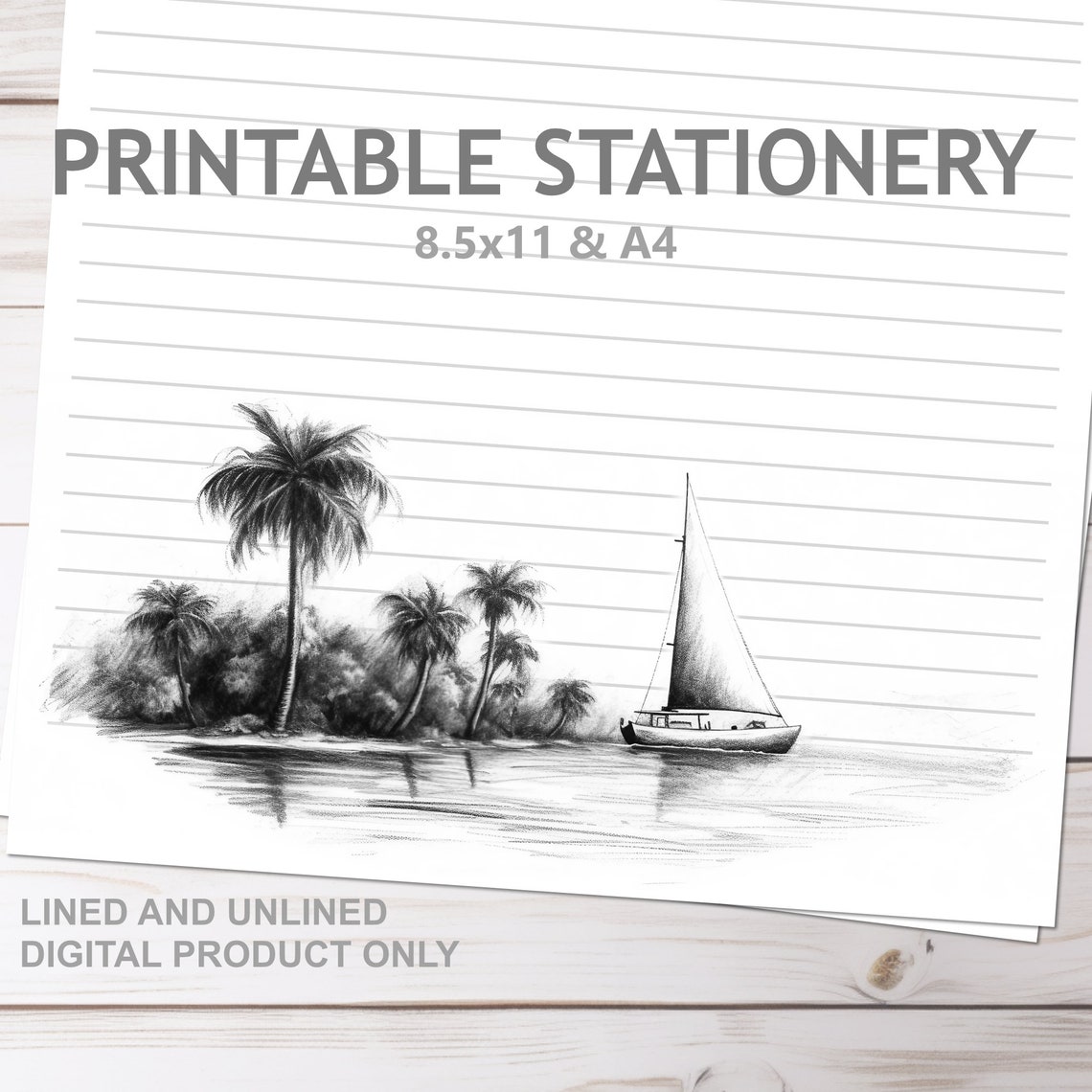 Ink Saver Beach Sailboat Grayscale Printable Stationery in A4 and 8 ...